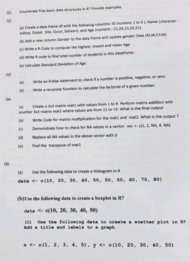 Q1 Enumerate Five basic data structures in R | StudyX