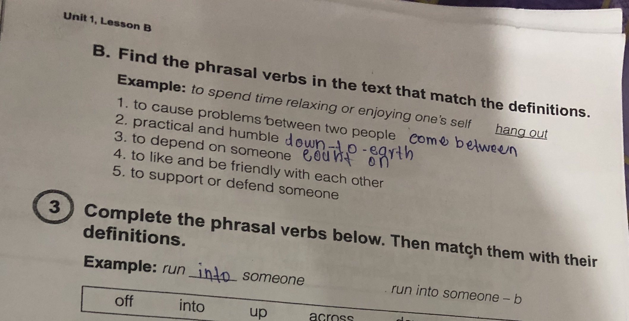 Unit 1 Lesson B B Find the phrasal verbs in | StudyX