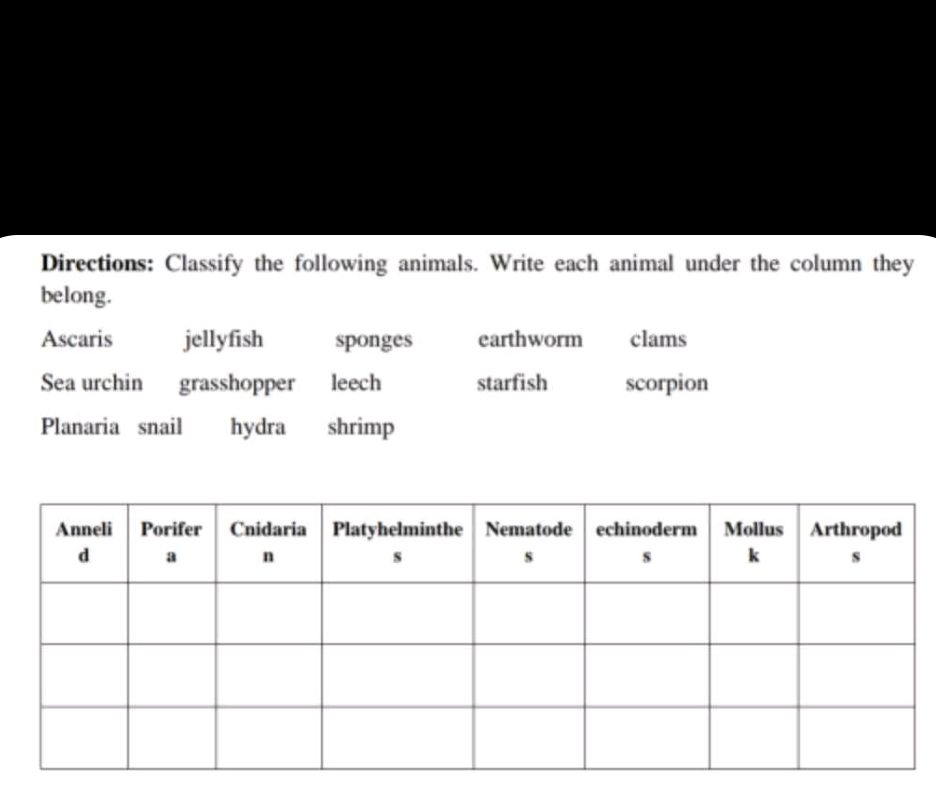 Directions Classify the following animals | StudyX
