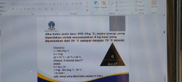 Jika kalor jenis besi 460 J/kg C maka energi | StudyX