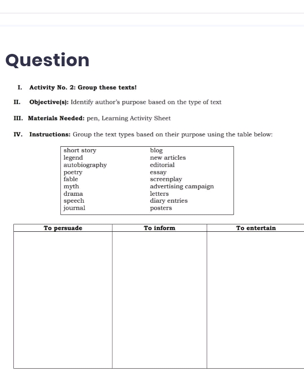 Question I Activity No 2 Group these texts | StudyX