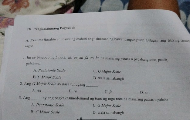 III Pangkalahatang Pagsubok A Panuto Basahin | StudyX