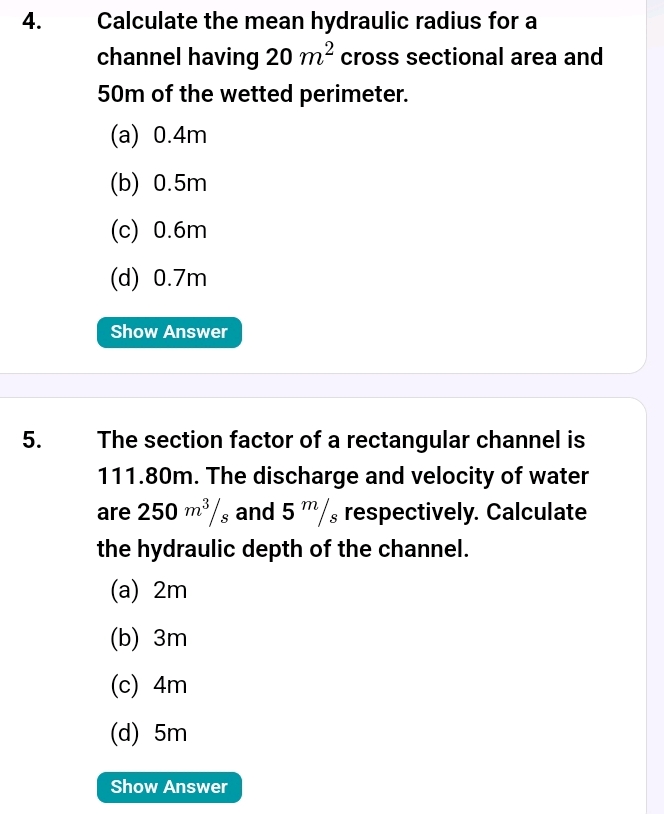 4 Calculate the mean hydraulic radius for a | StudyX