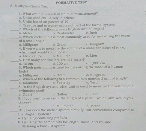 A Multiple-Choice Test FORMATIVE TEST 1 | StudyX