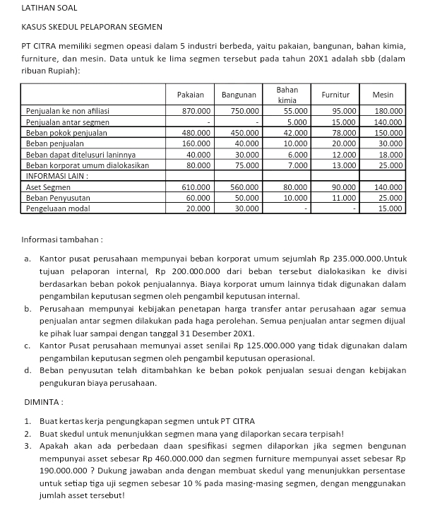 LATIHAN SOAL KASUS SKEDUL PELAPORAN SEGMEN | StudyX