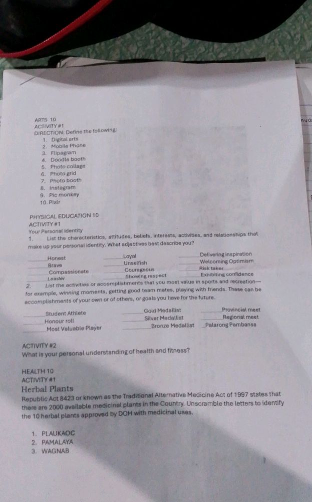 ARTS 10 ACTIVity a 1 DIRECTION Define the | StudyX