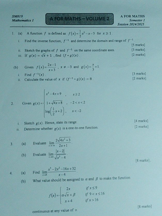 SM015 Mathematics I A FOR MATHS Semester 1 | StudyX