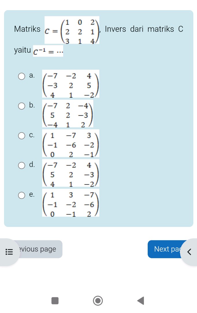 Matriks C = 1 0 2 2 2 1 3 1 4 pmatrix Invers