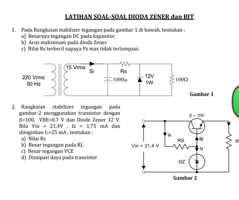 LATIHAN SOAL-SOAL DIODA ZENER dan BIT 1 Pada | StudyX