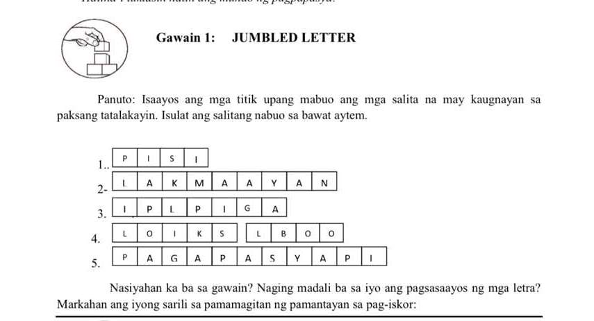 Gawain 1 JUMBLED LETTER Panuto Isaayos ang | StudyX