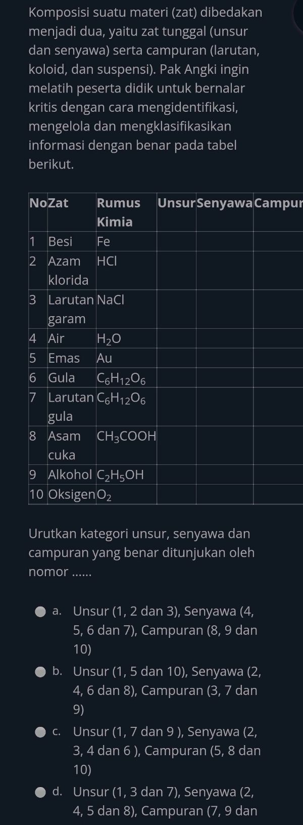 Komposisi suatu materi (zat) dibedakan | StudyX