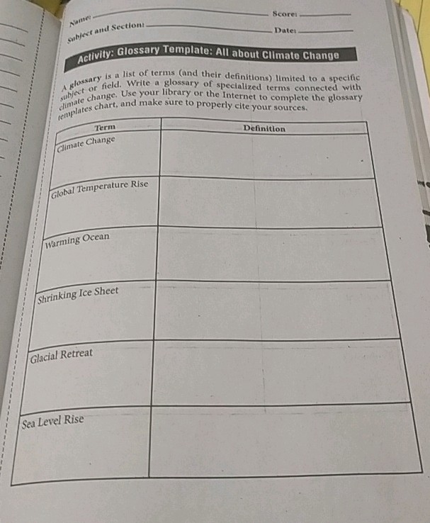 Activity Glossary Template All about Climate | StudyX