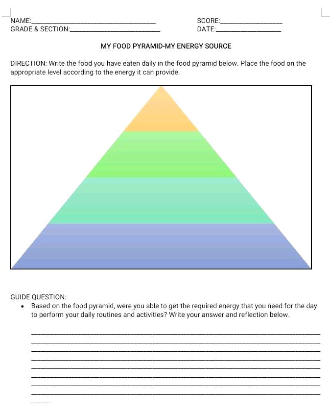 NAME GRADE SECTION SCORE DATE MY FOOD | StudyX