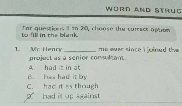 WORD AND STRUC For questions 1 to 20 choose | StudyX