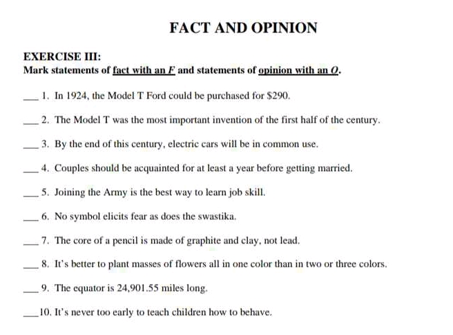 FACT AND OPINION EXERCISE III Mark | StudyX