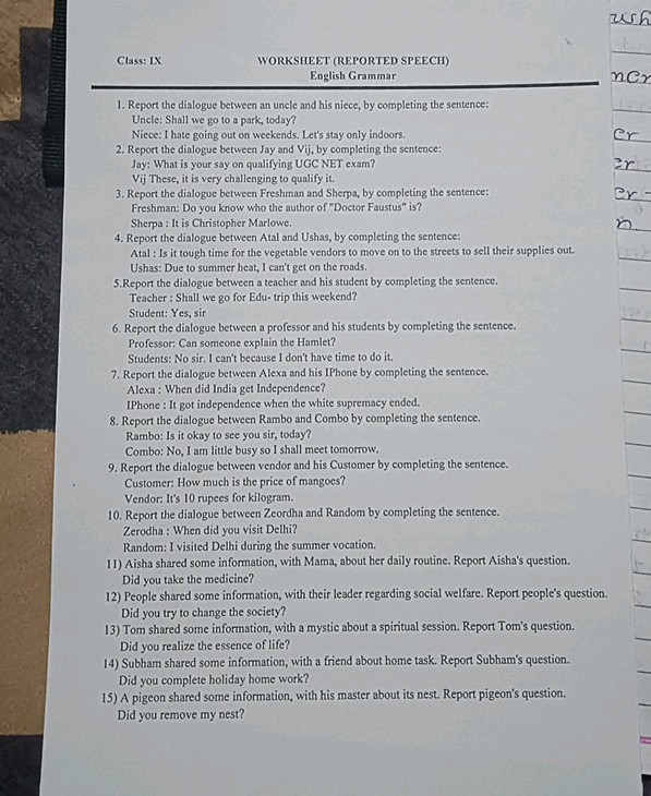 Class IX WORKSHEET (REPORTED SPEECH) English | StudyX