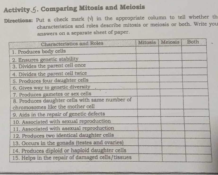Activity 5 Comparing Mitosis and Meiosis | StudyX
