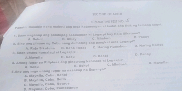 SECOND QUARTER SUMMATIVE TEST NO 5 Panuto | StudyX