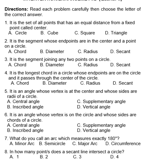 Directions Read each problem carefully then | StudyX
