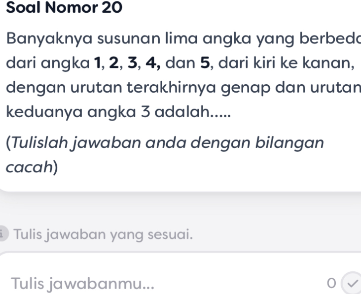 Soal Nomor 20 Banyaknya susunan lima angka | StudyX