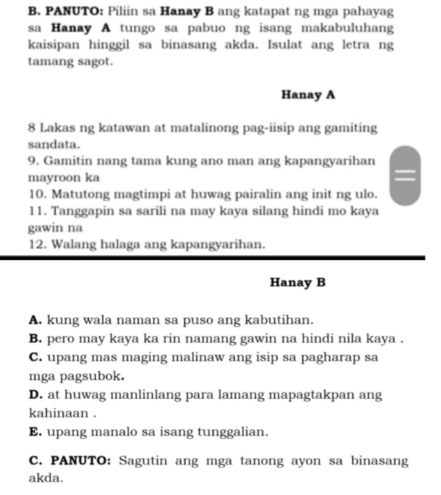 B PANUTO Piliin sa Hanay B ang katapat ng | StudyX