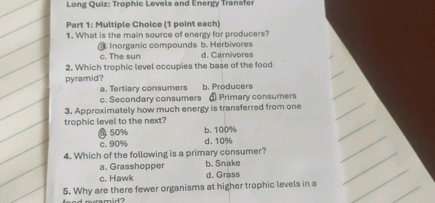 Long Quiz Trophic Levels and Energy Transfer | StudyX