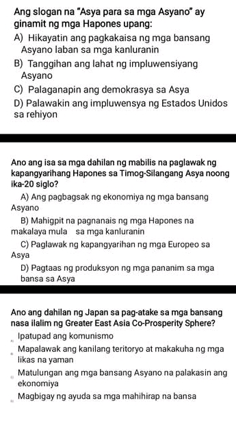 Ang slogan na Asya para sa mga Asyano ay | StudyX
