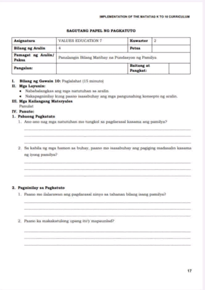 SAGUTANG PAPEL NG PAGKATUTO Asignatura | StudyX