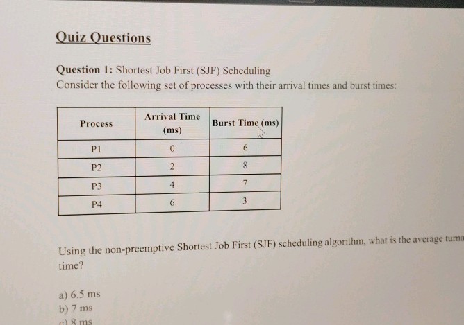 Quiz Questions Question 1 Shortest Job First | StudyX