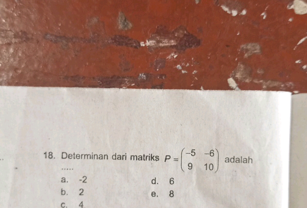 18 Determinan dari matriks P = -5 -6 9 10