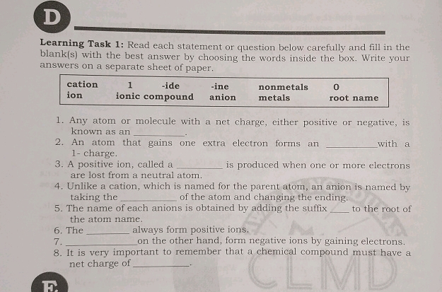 D Learning Task 1 Read each statement or | StudyX