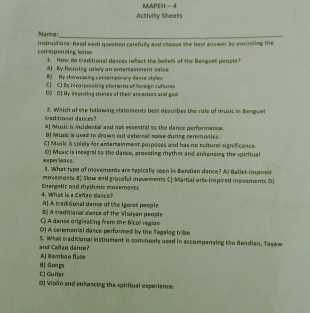Name MAPEH - 4 Activity Sheets Instructions | StudyX