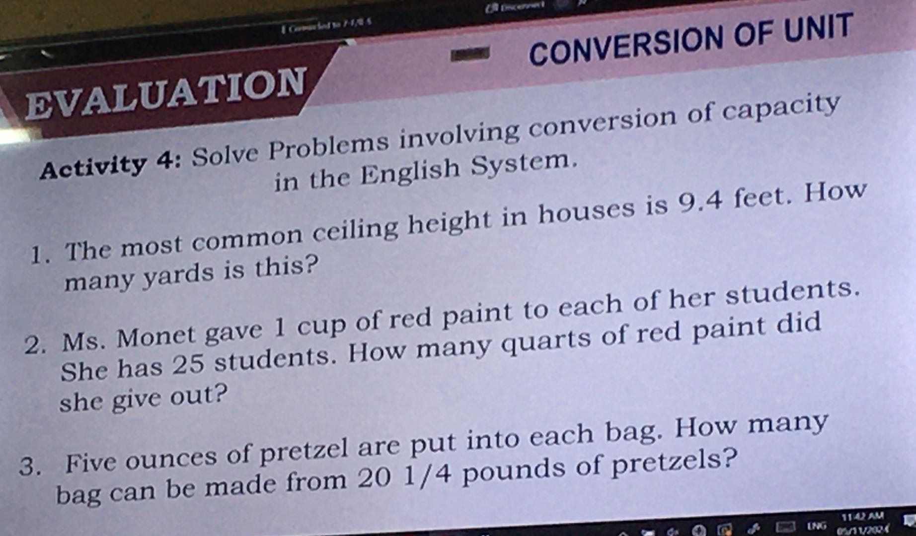 DVALUATION CONVERSION OF UNIT Activity 4 | StudyX