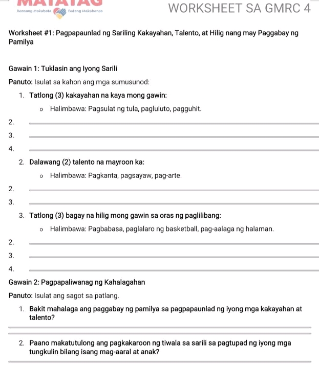 WORKSHEET SA GMRC 4 Worksheet 1 Pagpapaunlad | StudyX