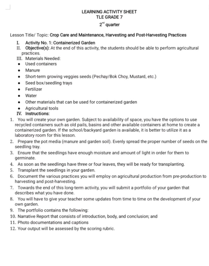 LEARNING ACTIVITY SHEET TLE GRADE 7 2 nd | StudyX