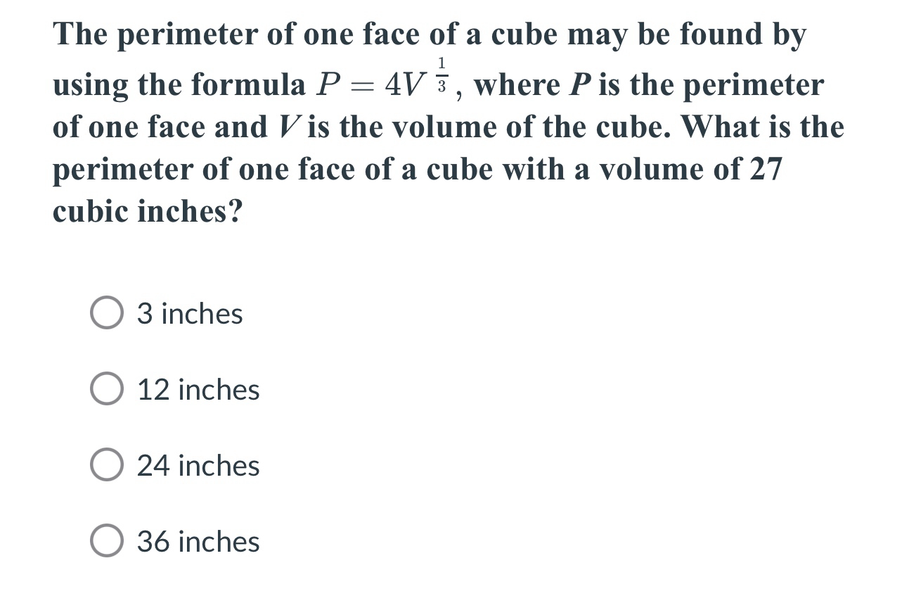 The perimeter of one face of a cube may be | StudyX