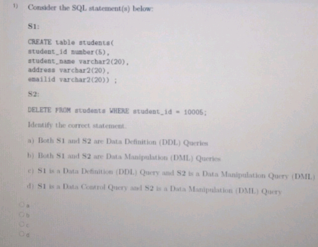 1) Consider the SQL statement(s) below S1 | StudyX