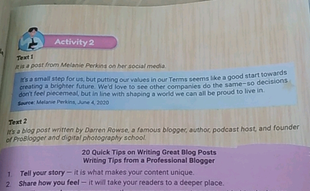 Activity 2 Text 1 It is a post from Melanie | StudyX