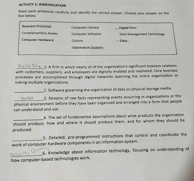 ACTIVITY 1 IDENTIFICATION Read each | StudyX