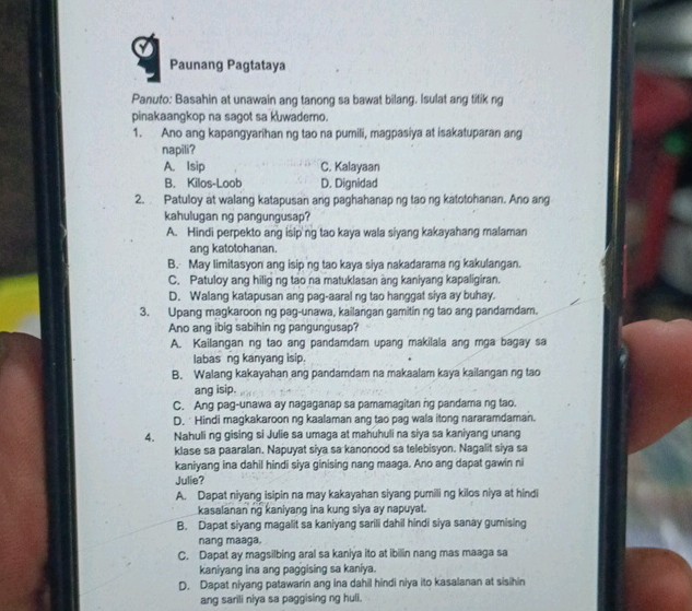 Paunang Pagtataya Panuto Basahin at unawain | StudyX