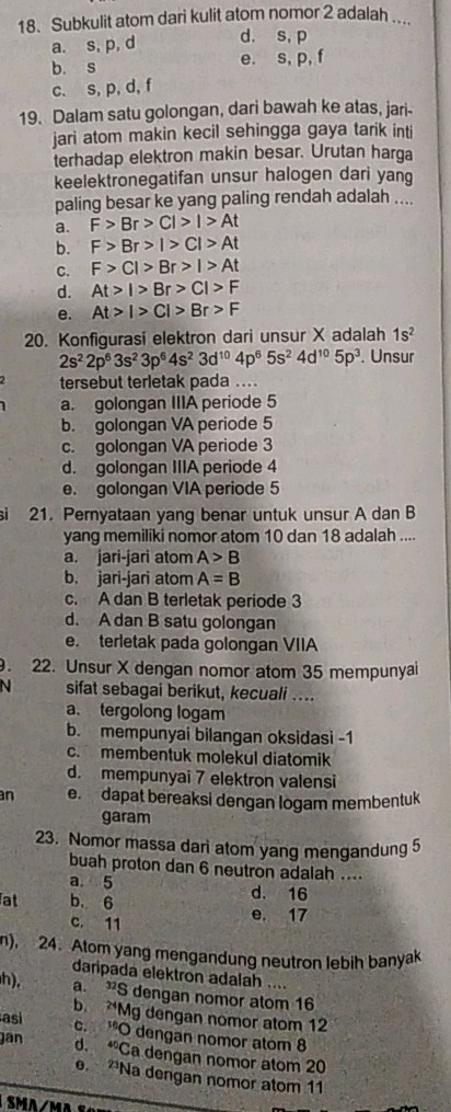 18 Subkulit atom dari kulit atom nomor 2 | StudyX