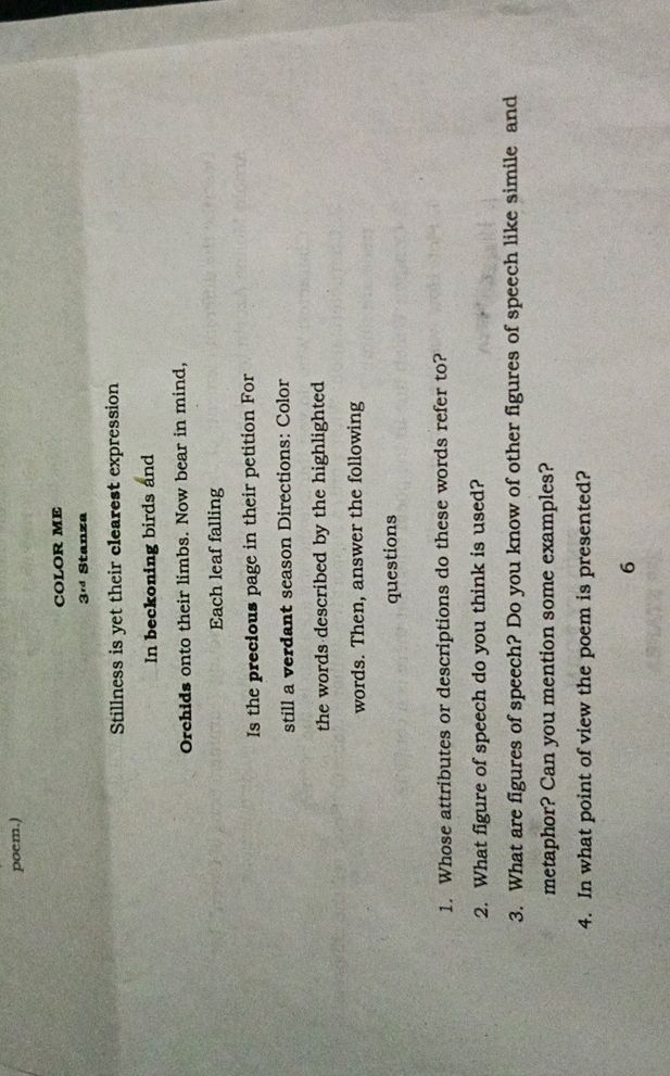 poem) COLOR ME 3d Stanza Stillness is yet | StudyX