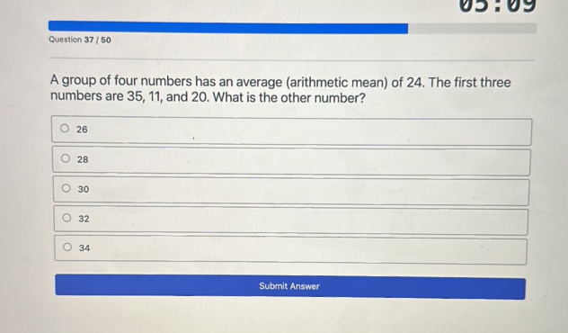 Question 37 / 50 A group of four numbers has