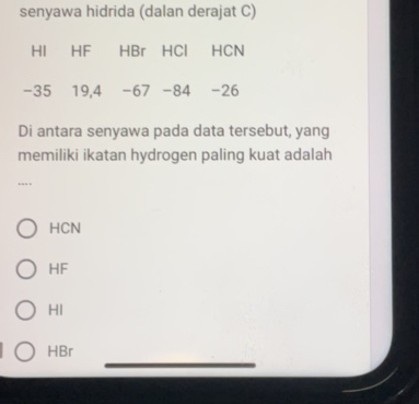 senyawa hidrida (dalan derajat C) HI HF HBr | StudyX