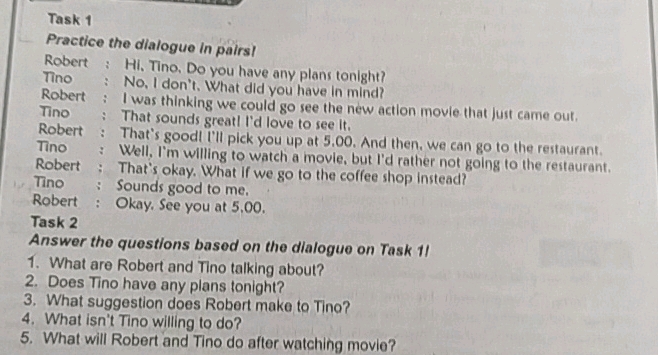 Task 1 Practice the dialogue in pairs | StudyX