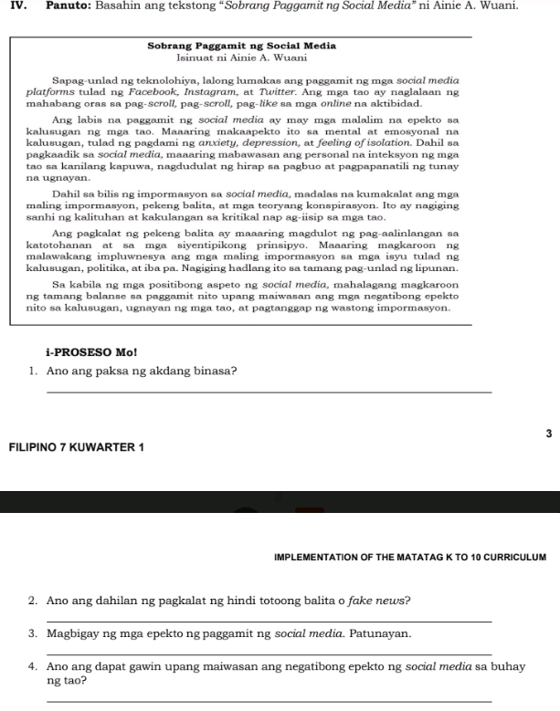 IV Panuto Basahin ang tekstong Sobrang | StudyX