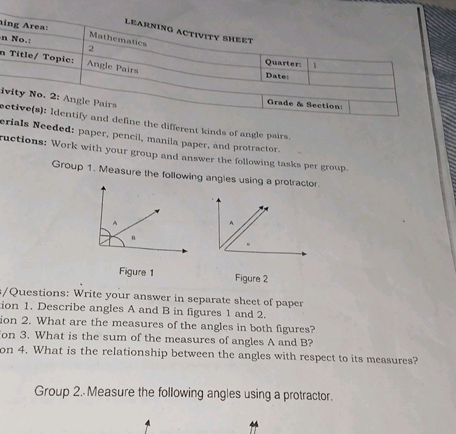 LEARNING ACTIVITY SHEET ivity No 2 Angle | StudyX