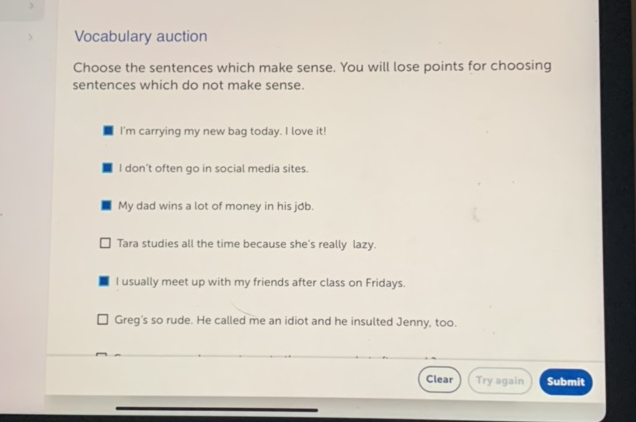 Vocabulary auction Choose the sentences | StudyX