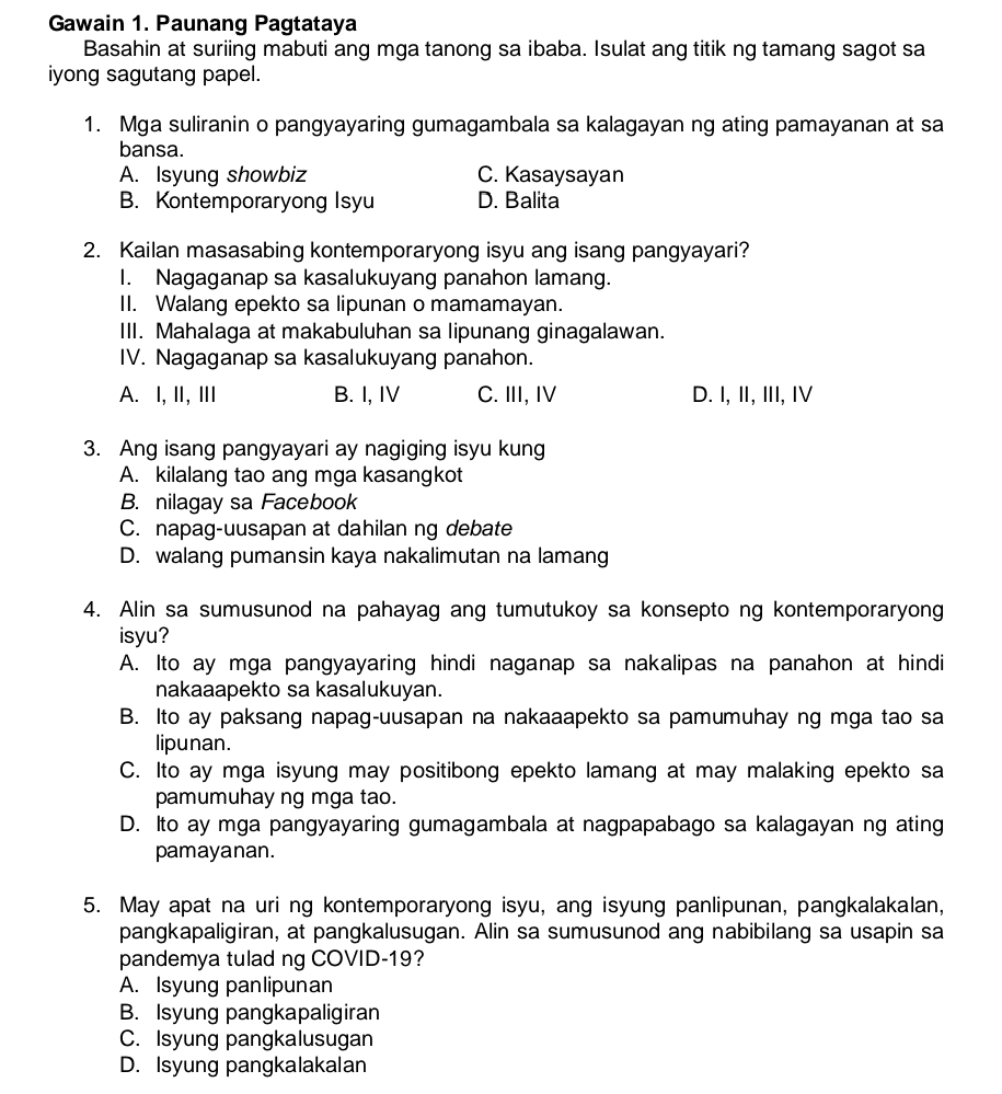 Gawain 1 Paunang Pagtataya Basahin at | StudyX