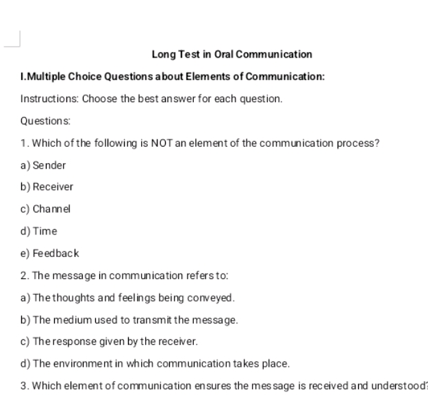 Long Test in Oral Communication IMultiple | StudyX